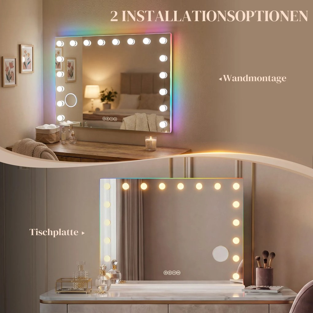 HOMCOM Hollywood make-up zrcadlo s 18 stmívatelnými LED lampami, 3 barvy, RGB světlo, Bluetooth reproduktor, 10x zvětšení, bílé