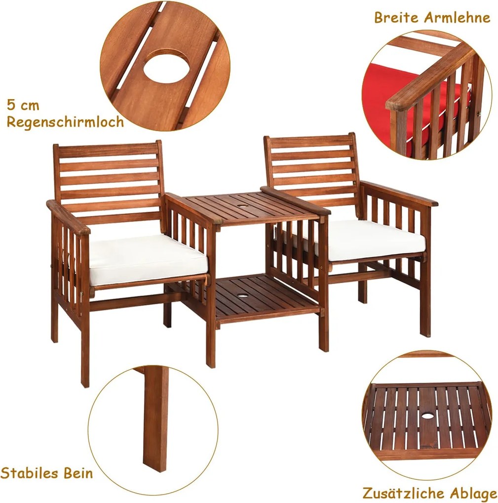 Costway Double Seat Acacia Wood 3dílná sada stolu a židlí, přírodní
