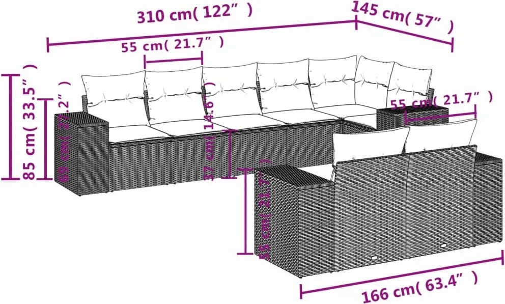 8dílná zahradní sedací souprava s polštáři černá polyratan 3222816