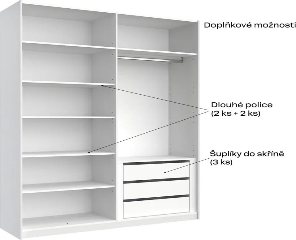 Skříň s posuvnými dveřmi 2.0x2.1m (Dveře Lesklá Bílá/Zrcadlo), série N Family
