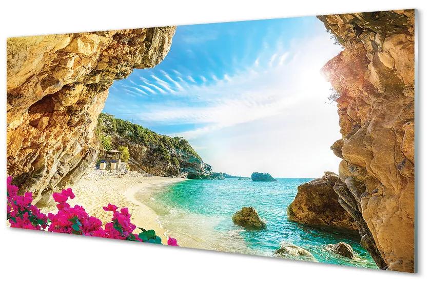 akrylový obraz Řecko pobřeží útesy květiny 100x50 cm