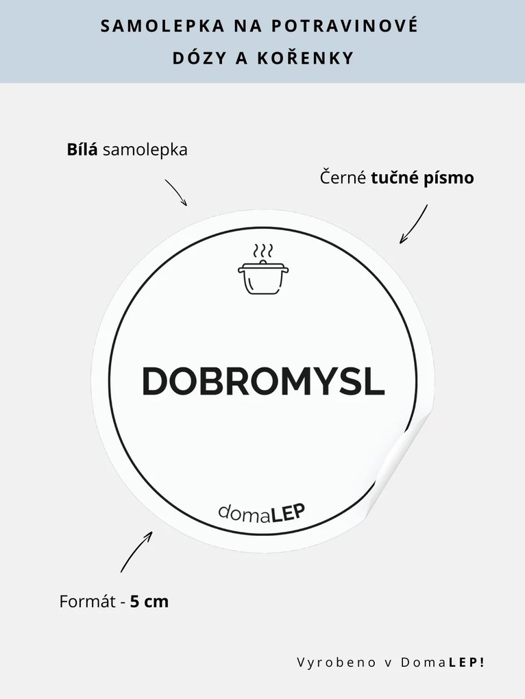 Samolepka na kořenky DOBROMYSL bílá 5 cm tučné písmo