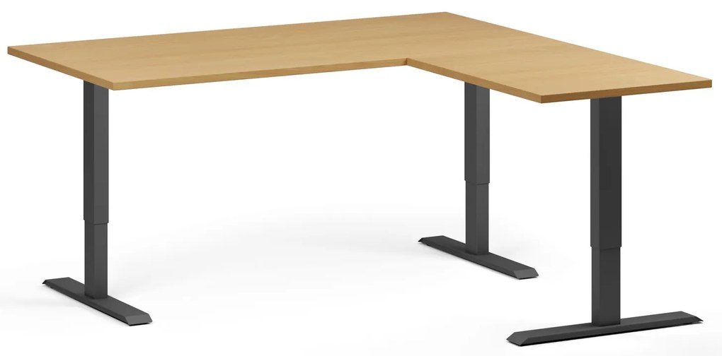 Rohový výškově nastavitelný stůl, 160x160 cm, 3 motory, L/P, černá podnož, buk