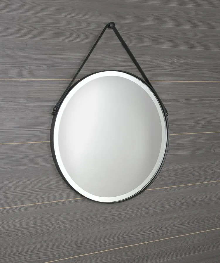 Sapho Sapho, ORBITER LED podsvícené kulaté zrcadlo s koženým popruhem, o 60cm, černá mat