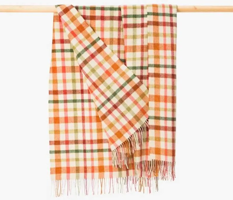 Deka z jehněčí vlny Beige Green Rust Maroon Check 180 x 137 cm John Hanly
