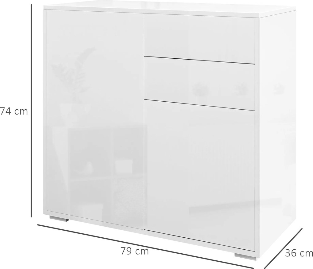 Úložný kabinet HOMCOM s 2 zásuvkami a 2 skříňkami, nastavitelnými policemi, pro obývací pokoj, kuchyň, ložnici, 79 x 36 x 74 cm, leskle bílý