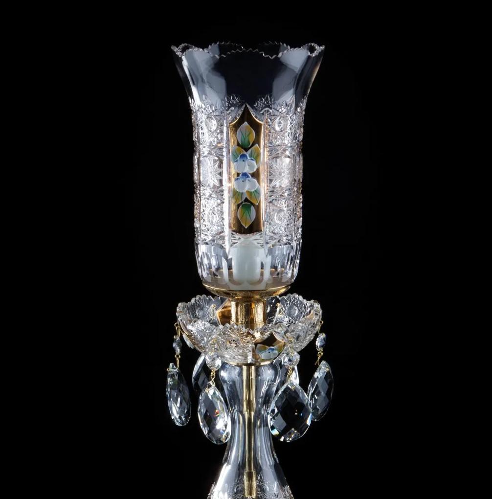 Luxusní stolní lampa s broušenou skleněnou vázou PK500 zdobená 24K zlatem a květy z vysokého smaltu
