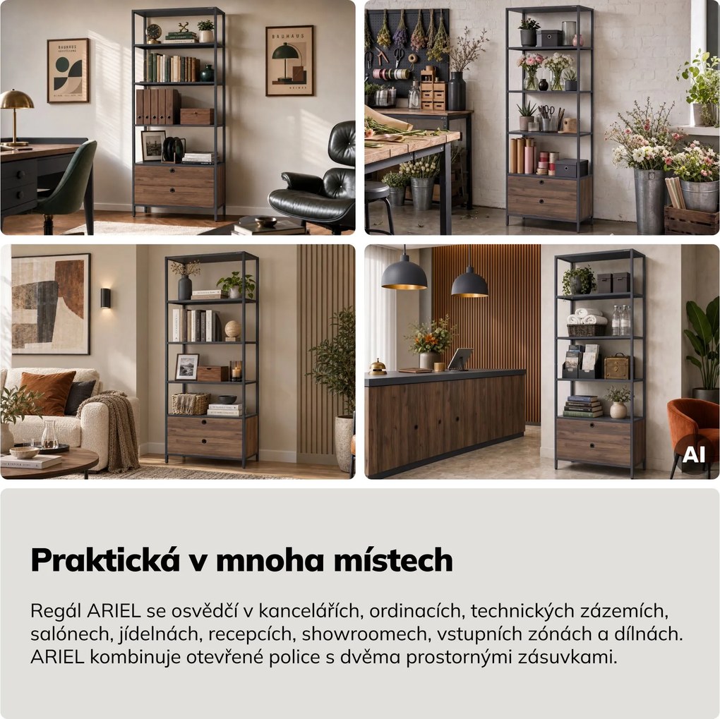 Regál se zásuvkami do kanceláře, na šanony a dokumenty, otevřené police, kovový, antracitový/ořech, 800x2200x400 mm: ARIEL Eco Design