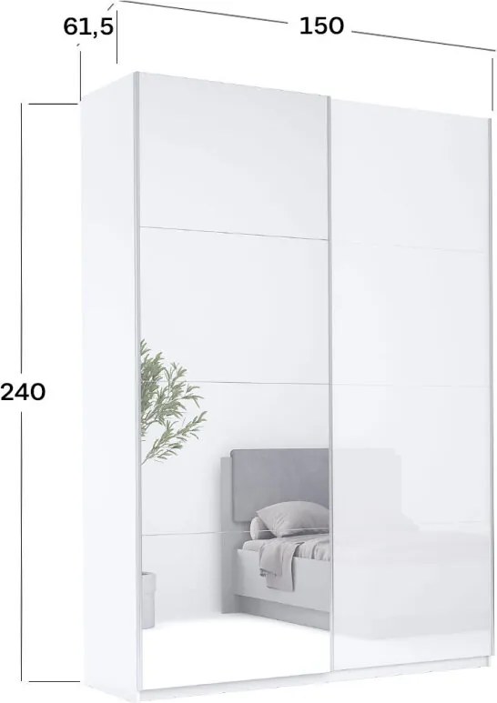 Skříň s posuvnými dveřmi 1,5x2,4m (Dveře Lesklé Bílé/Zrcadlo), série N Family