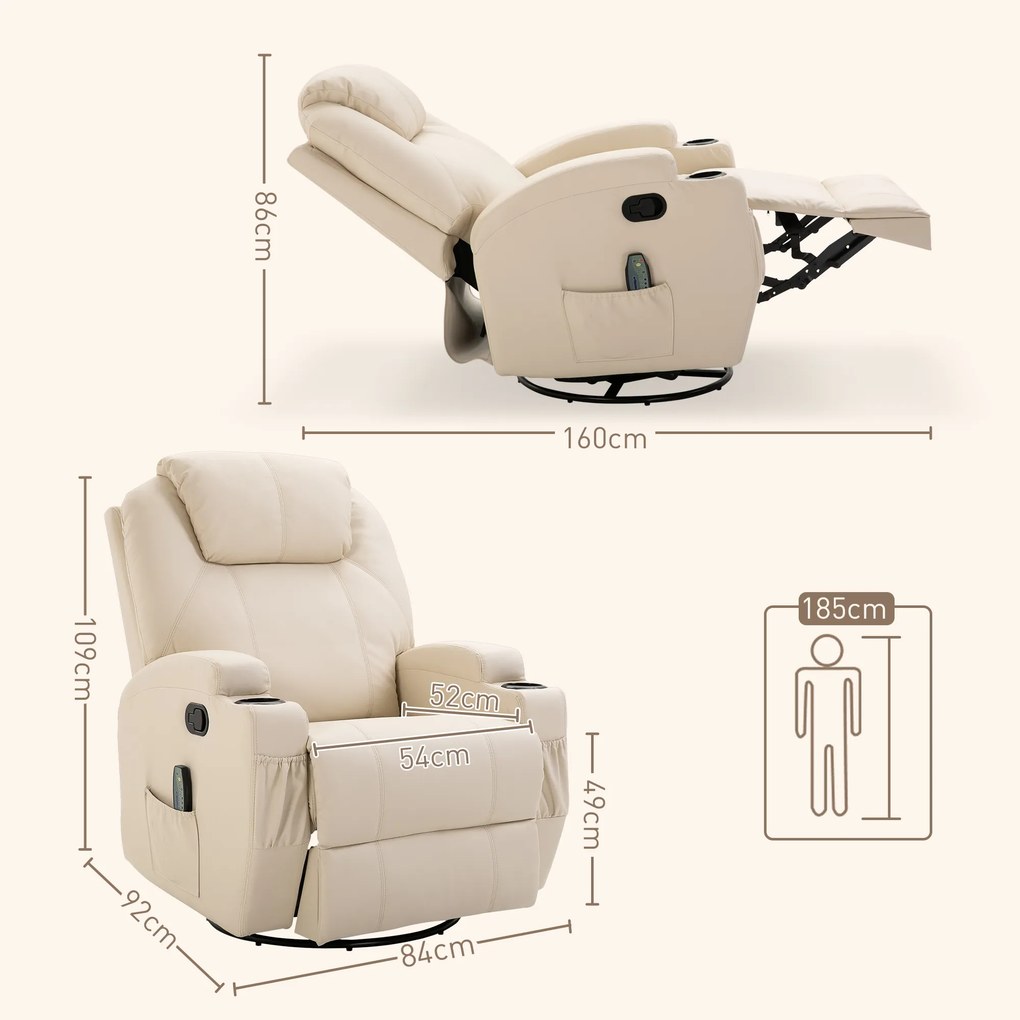 HOMCOM Relaxační křeslo s funkcí polohování, elektrické masážní křeslo, 5 masážních režimů, imitace kůže, krémově bílá, 84x92x109cm