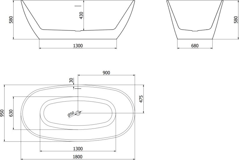 Mexen Eris, volně stojící vana 180 x 95 cm, bílá, broušená ocel, 53441809500-97