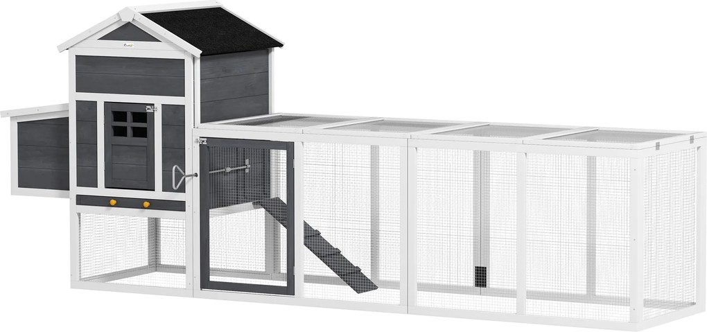 PawHut Venkovní Kurník Dřevěný Velký Kurník pro 3-6 Kurech s Hnízdící Buzerací a Asfaltovou Střechou 297,5x68x118 cm Šedý a Bílý | Aosom