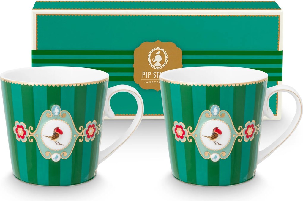 Pip Studio Love Birds Stripes sada 2 ks hrnků 225 ml, zelená (Sada hrnků v dárkové krabičce)