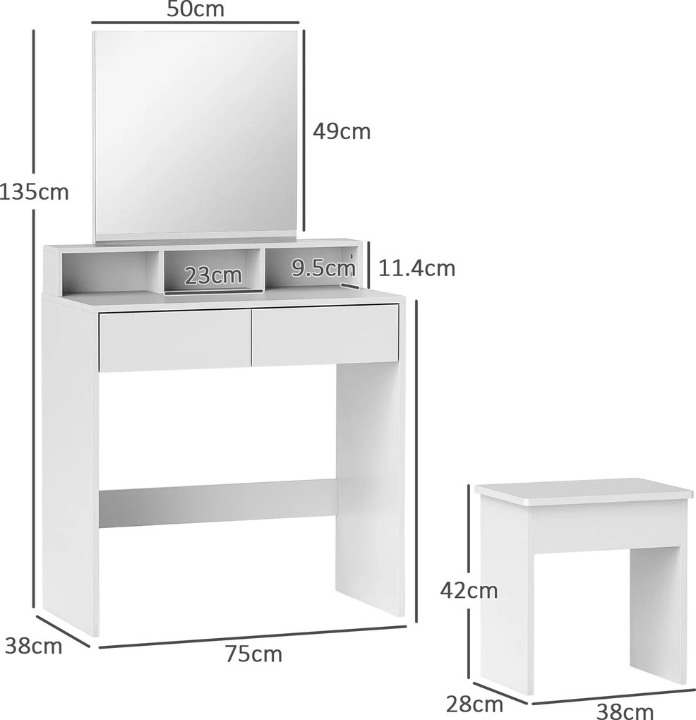 HOMCOM Toaletní Stolík se Židlí, Toaletní Stolík se Zrcadlem, 3 Police, 2 Zásuvky, Moderní Toaletní Stolík z Dřeva do Ložnice, 75x38x135 cm, Bílý
