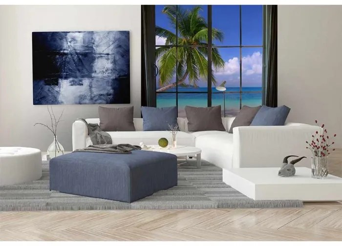 DIMEX | Vliesová fototapeta na zeď Pláž za oknem MS-3-0203 | 225 x 250 cm | zelená, modrá, bílá, šedá