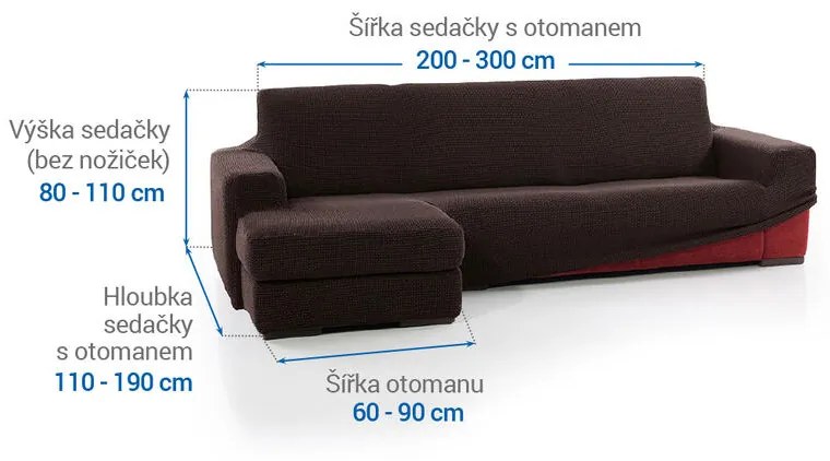 Super strečové potahy NIAGARA čokoládová sedačka s otomanem vlevo (š. 200 - 300 cm)
