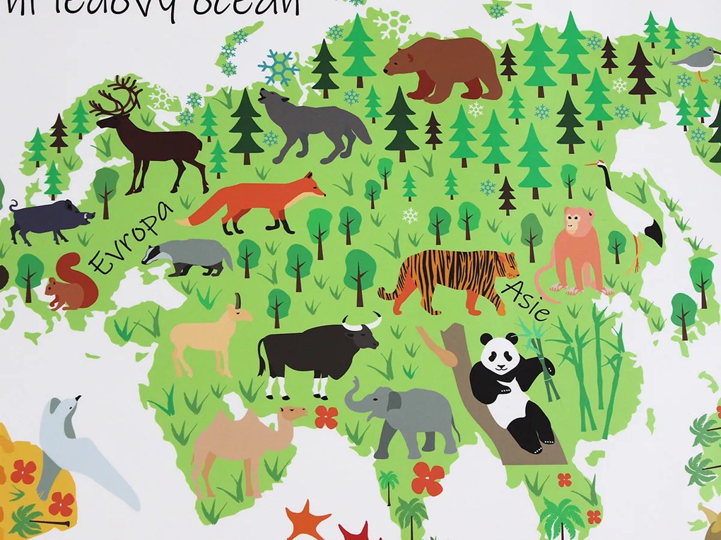 Mapa světa se zvířátky textilní přelepitelné samolepky na zeď 75 x 59 cm