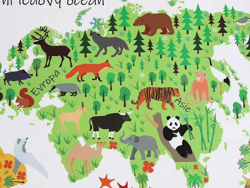 Mapa světa se zvířátky textilní přelepitelné samolepky na zeď výsledný rozměr 75 x 59 cm