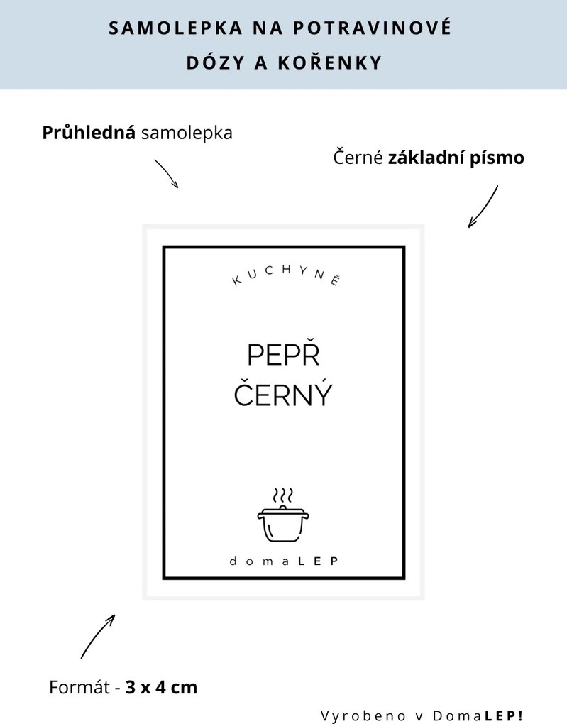 Samolepka na kořenky PEPŘ ČERNÝ průhledná 3 × 4 cm základní písmo