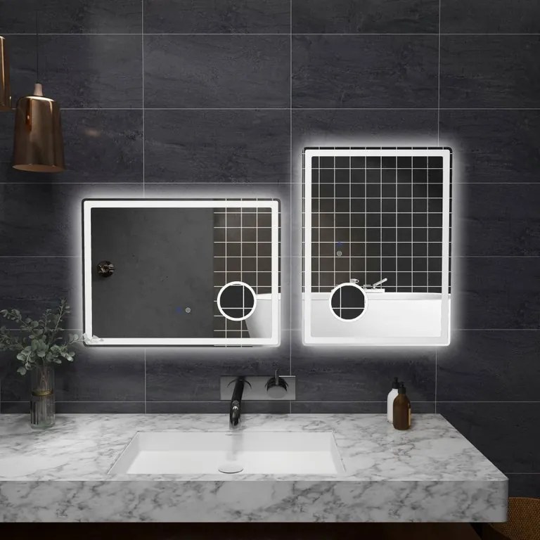 kleankin LED koupelnové zrcadlo s 3x zvětšením a dotykovou funkcí, 80x60 cm, 3 barvy světla, bez mlhy