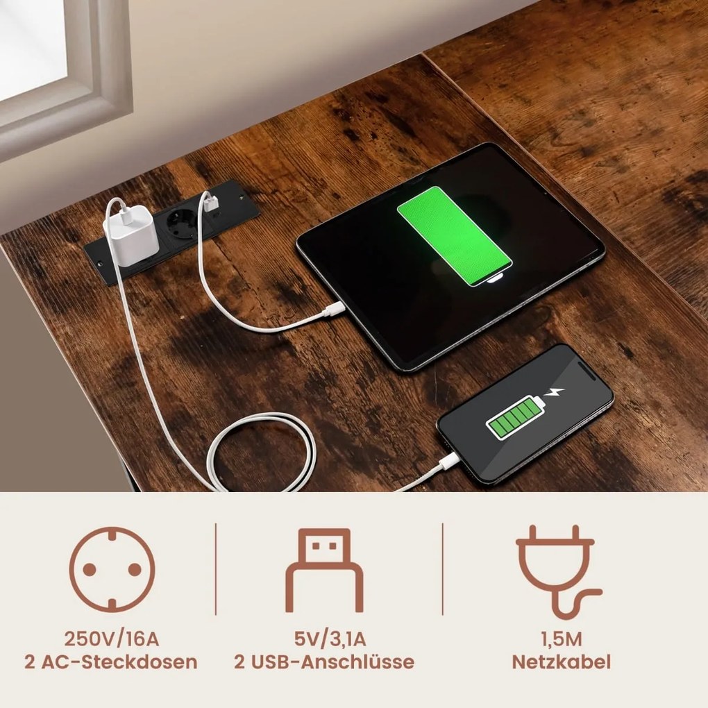 Costway Desk Rohový stůl ve tvaru L se zásuvkami a USB porty Rustikálně