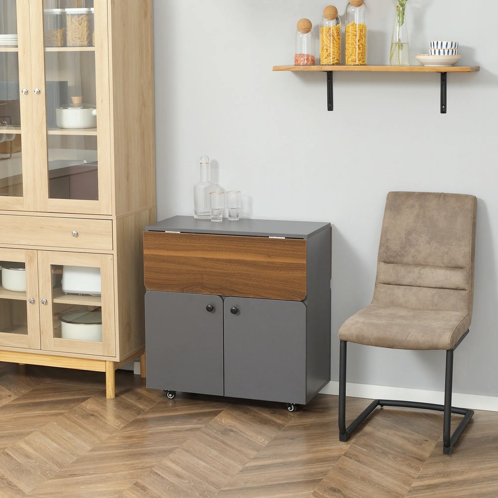 HOMCOM Skládací stůl s pojízdnou skříňkou, dvě sklápěcí stolní desky, skříňová přihrádka, 4 kolečka, světle šedá + tmavě hnědá, 70 x 83 x 75 cm