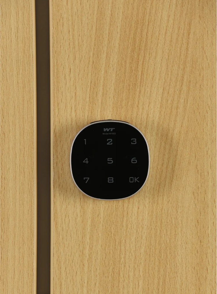 Šatní skříňka S1 s úložnými boxy, 4 boxy, 1850 x 300 x 500 mm, kódový zámek, laminované dveře, buk