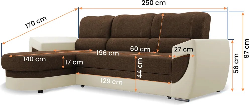 Rohová rozkládací sedací souprava do L TRENDI, 250 cm, s úložným prostorem Roh pohovky: Levý roh, Barva látky: Černá a bílá Eko kůže (Bahama 36 + Soft 17)