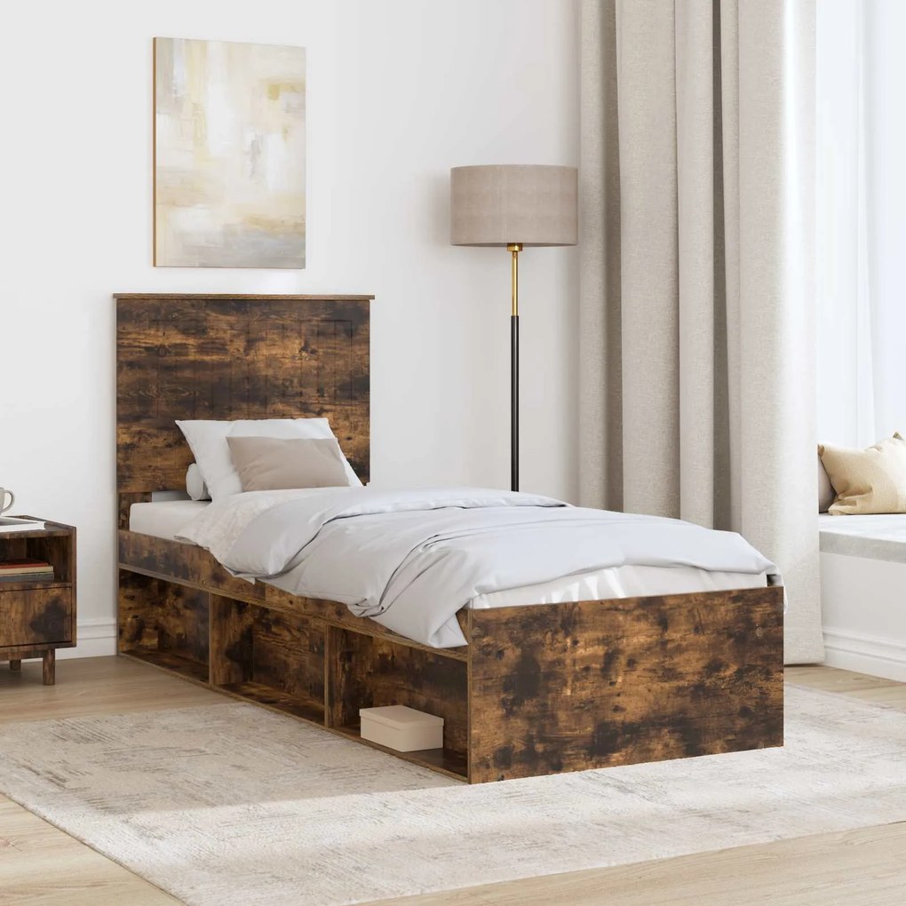 Rám postele s čelo Kouřový dub 75 x 190 cm Masivní borové dřevo 3411077