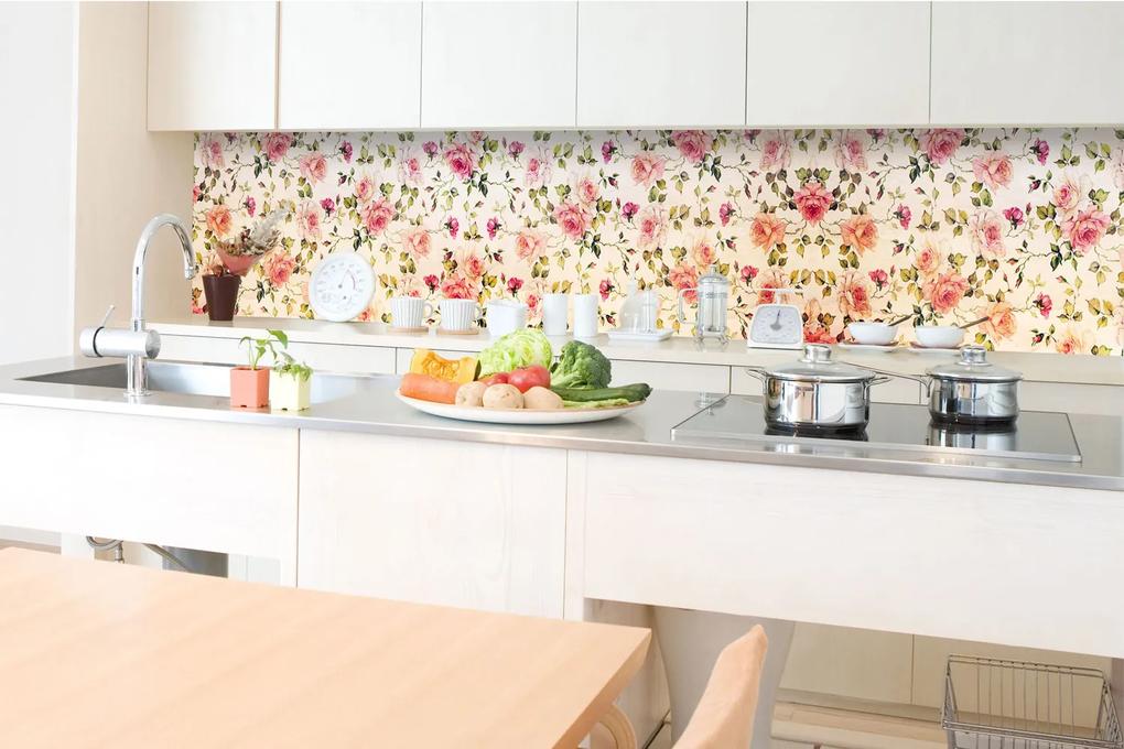 DIMEX | Fototapeta do kuchyně Růžičky KI-350-177 | 350 x 60 cm | růžová, meruňková, zelená