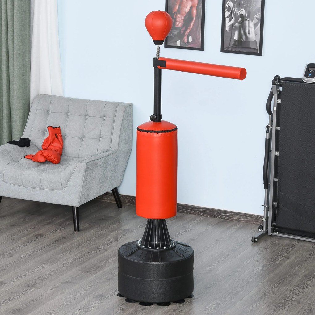 HOMCOM 3-dílná sada boxovacího pytle se stojanem, pumpou a rukavicemi 88 x 48 x 155-205 cm černá červená pro efektivní trénink boxu