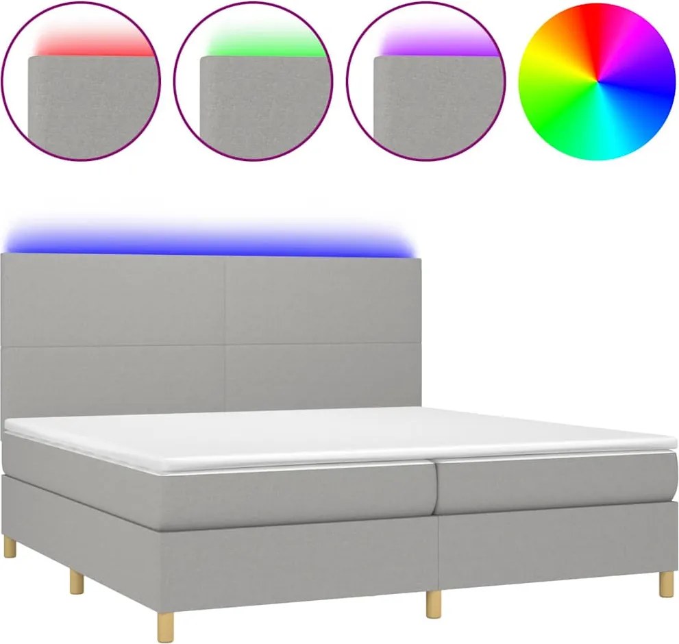 Box spring postel s matrací a LED světle šedá 200x200 cm textil 3135301