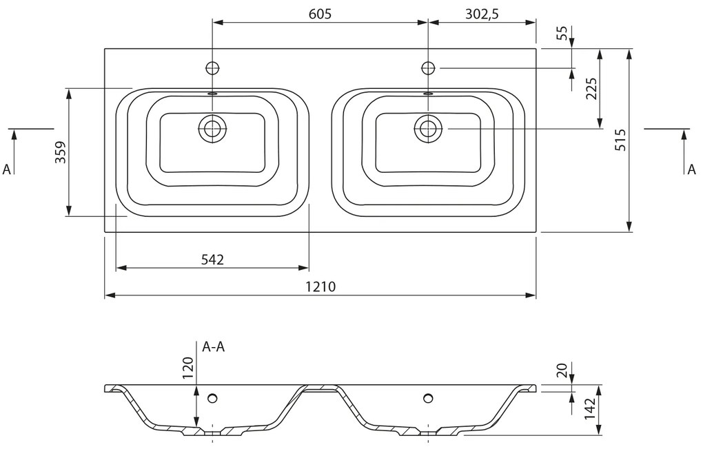Sapho Sapho, ARECA dvojumyvadlo, litý mramor, 121x51,5cm, bílá, AC121