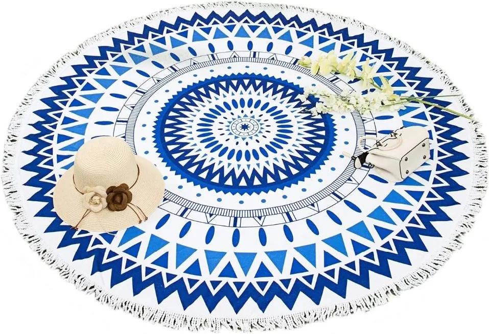 Plážová osuška Mandala, multifunkční 2v1, bílo-modrý, 150 cm