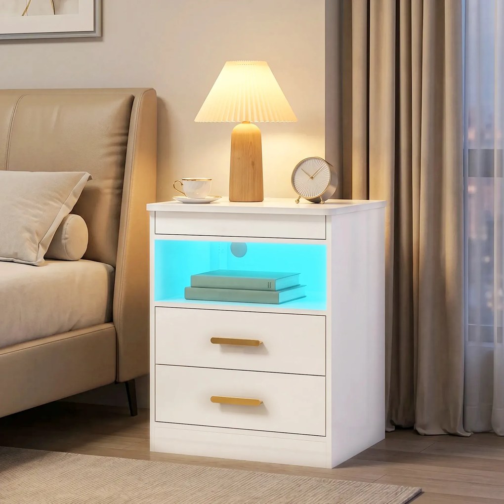 HOMCOM Noční stolek, přídavný stolek s nabíjecí stanicí a RGB LED osvětlením, vysoký lesk bílá