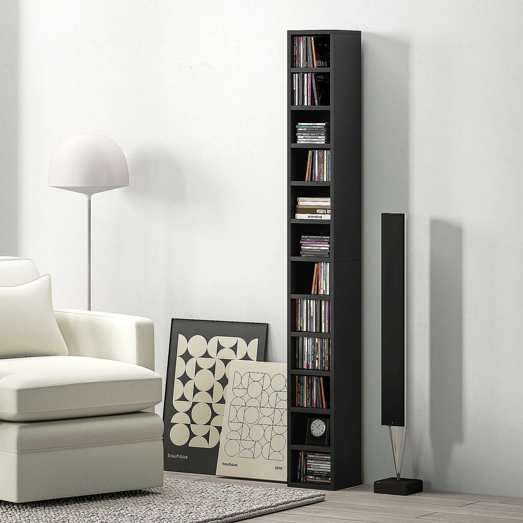 HOMCOM sloupový regál na CD a DVD, 12 přihrádek, pojme až 204 disků, 21 × 20 × 175 cm, černý