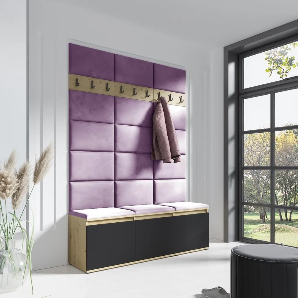 Eka Předsíňová stěna s čalouněnými panely Trinity 6 - Dub Artisan s černou / Fialová 2311