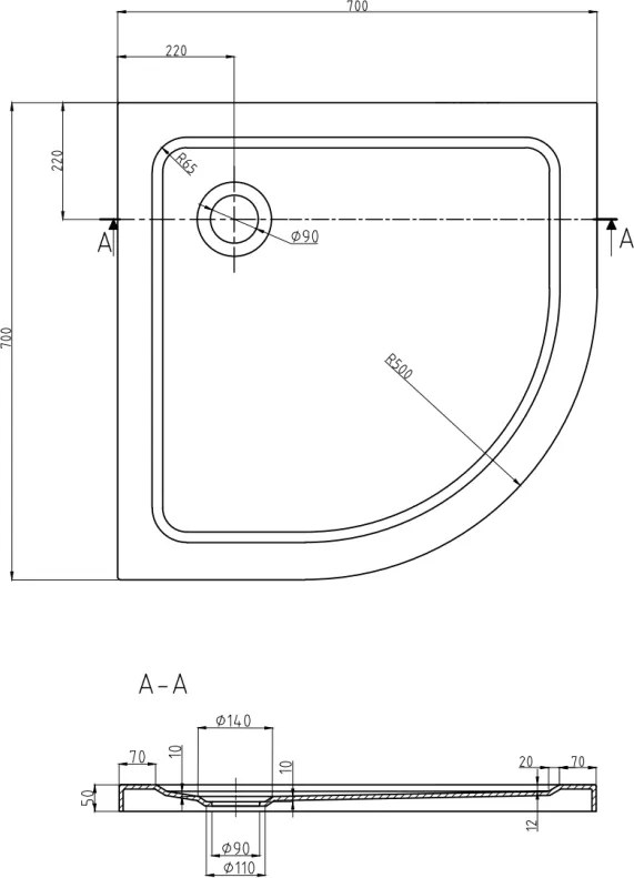 Mexen SLIM - Čtvrtkruhová sprchová vanička 70x70x5cm + zlatý sifon, černá, 41707070G