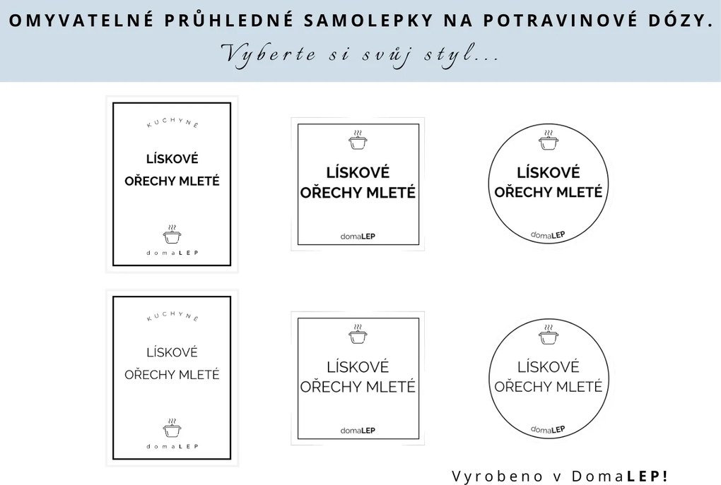 LÍSKOVÉ OŘECHY MLETÉ - omyvatelná samolepka na dózu, výběr rozměrů Ø 5 cm / 5 x 5 cm / 6 x 8 cm | DomaLEP tvar: OBDÉLNÍK, barva: PRŮHLEDNÁ - ČERNÉ písmo, velikost: š. 6 cm x v. 8 cm – základní písmo