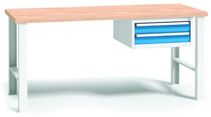 Pracovní stůl do dílny WL se závěsným boxem na nářadí, buková spárovka, 2 zásuvky, pevné kovové nohy, 2000 mm