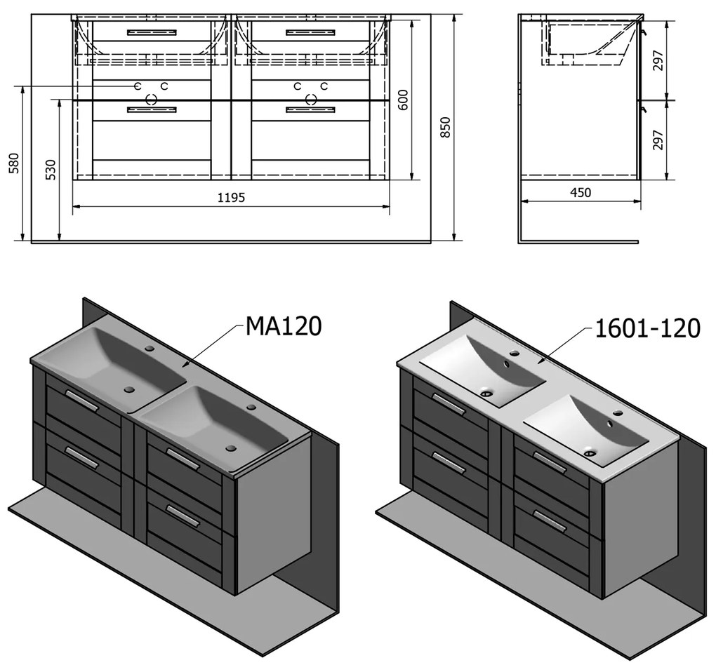 Sapho AMIA dvojumyvadlová skříňka 119x60x45cm, dub Texas, AM120-2020