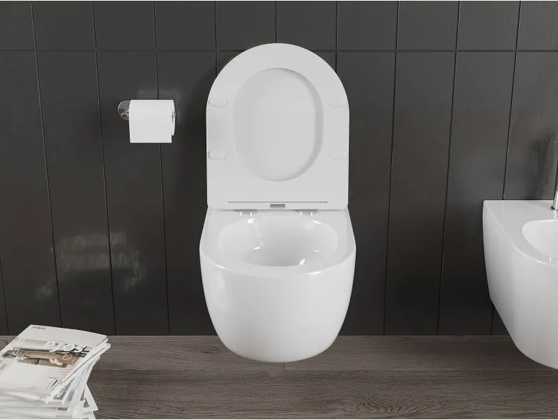 Mexen Carmen, závěsná WC mísa 490x365x340 mm, Rimless Tornádo + WC sedátko z duroplastu, bílá lesklá, 30880300T
