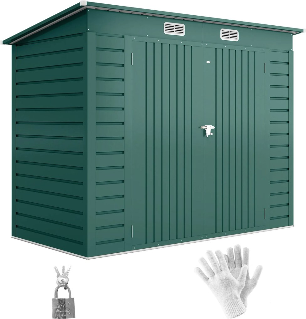 Outsunny Kovový Kůlna na Nářadí 4,1 m² 249x121x183cm S Pultovou Střechou Uzamykatelné Dvoukřídlé Dveře Okno Zahradní Dům Venku Zahradní Kůlna Kabinet