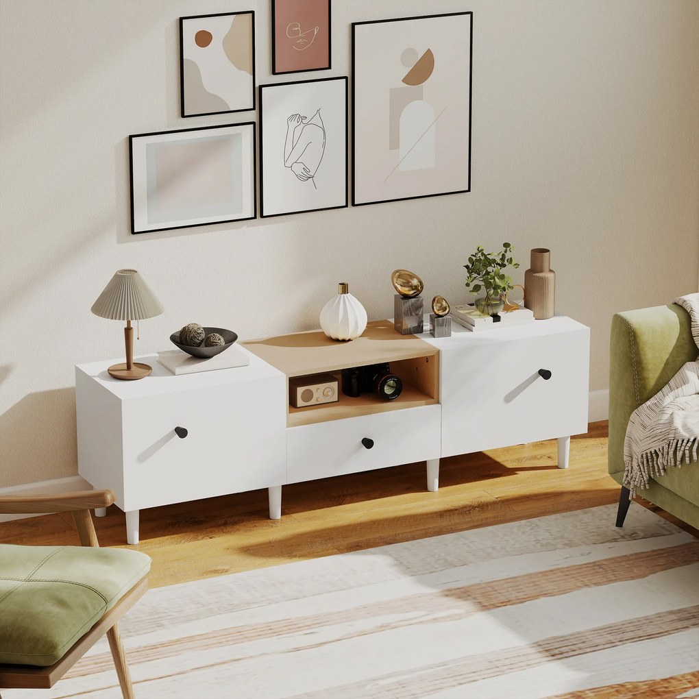 HOMCOM TV nábytek až do 177,8 cm s 2 sklápěcími dvířky, zásuvkou a otevřenou přihrádkou, dřevo, 150x35x45 cm, bílá a dřevěný vzhled