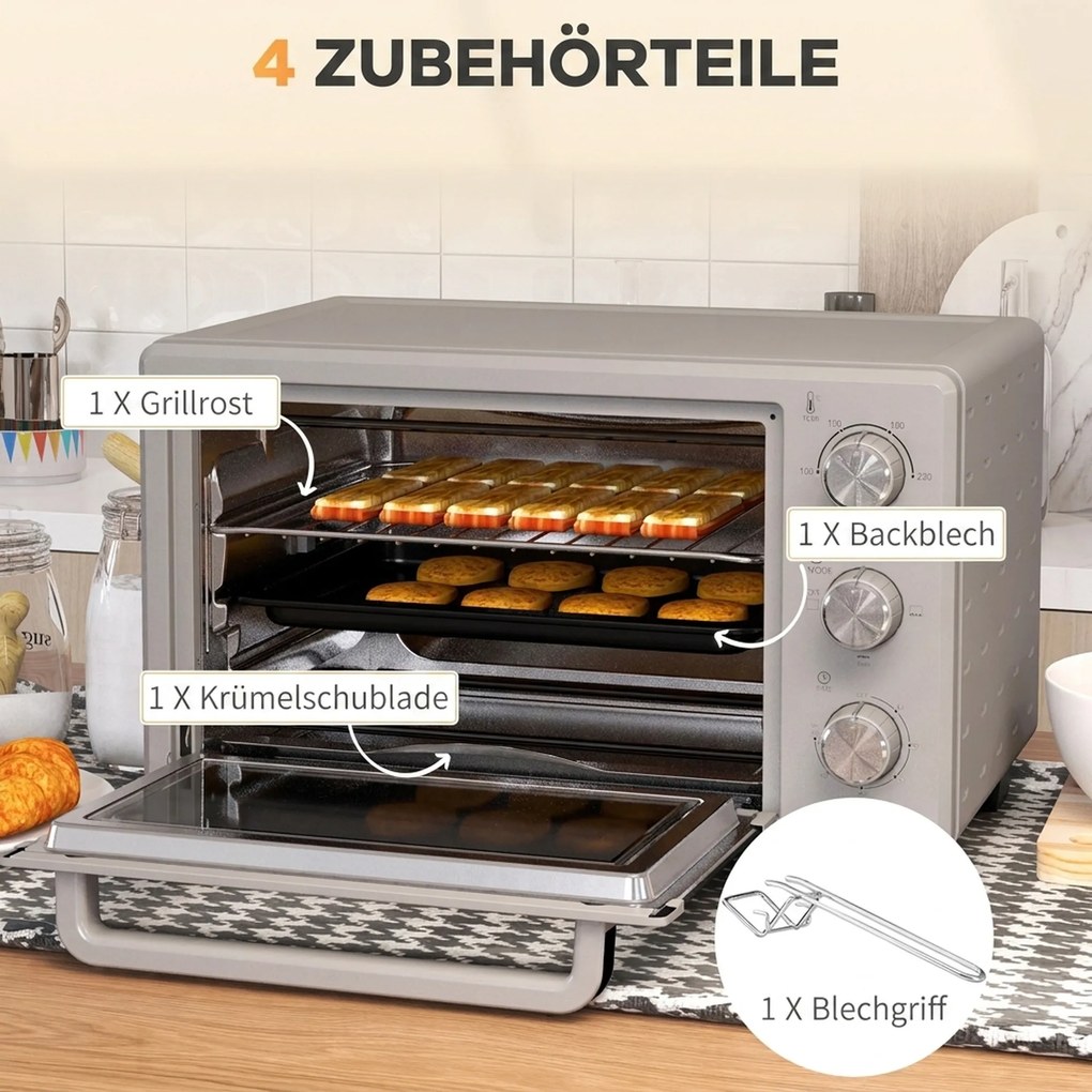 HOMCOM malá trouba 21l, 100°C-230°C, časovač na 1 hodinu, 3 režimy pečení, drátěný rošt, plech, nerez, 46L x 38.5W x 29H cm, stříbrná| Aosom