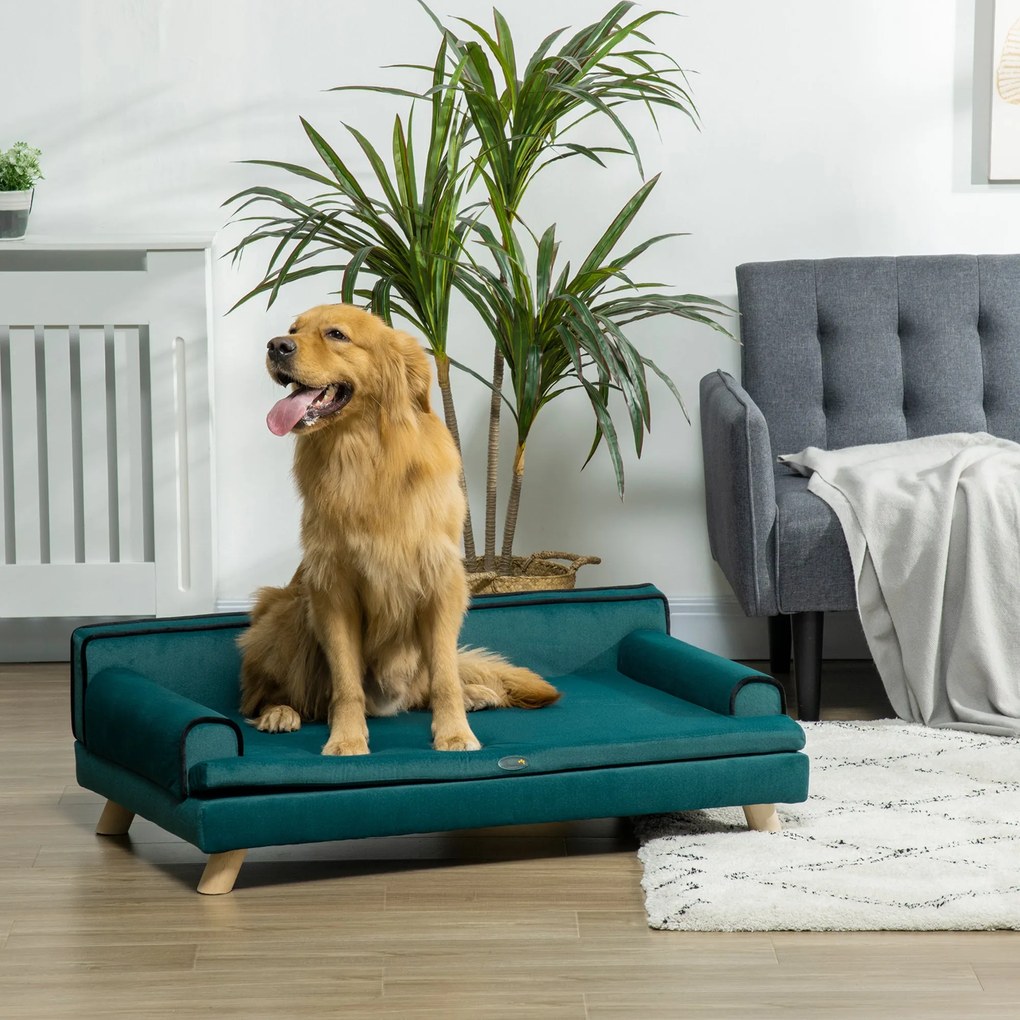 PawHut Skandinávský design pohovka pro psy a kočky s měkkým odnímatelným polštářem a masivními dřevěnými nohami 100 x 62 x 32 cm Kačer modrá | Aosom