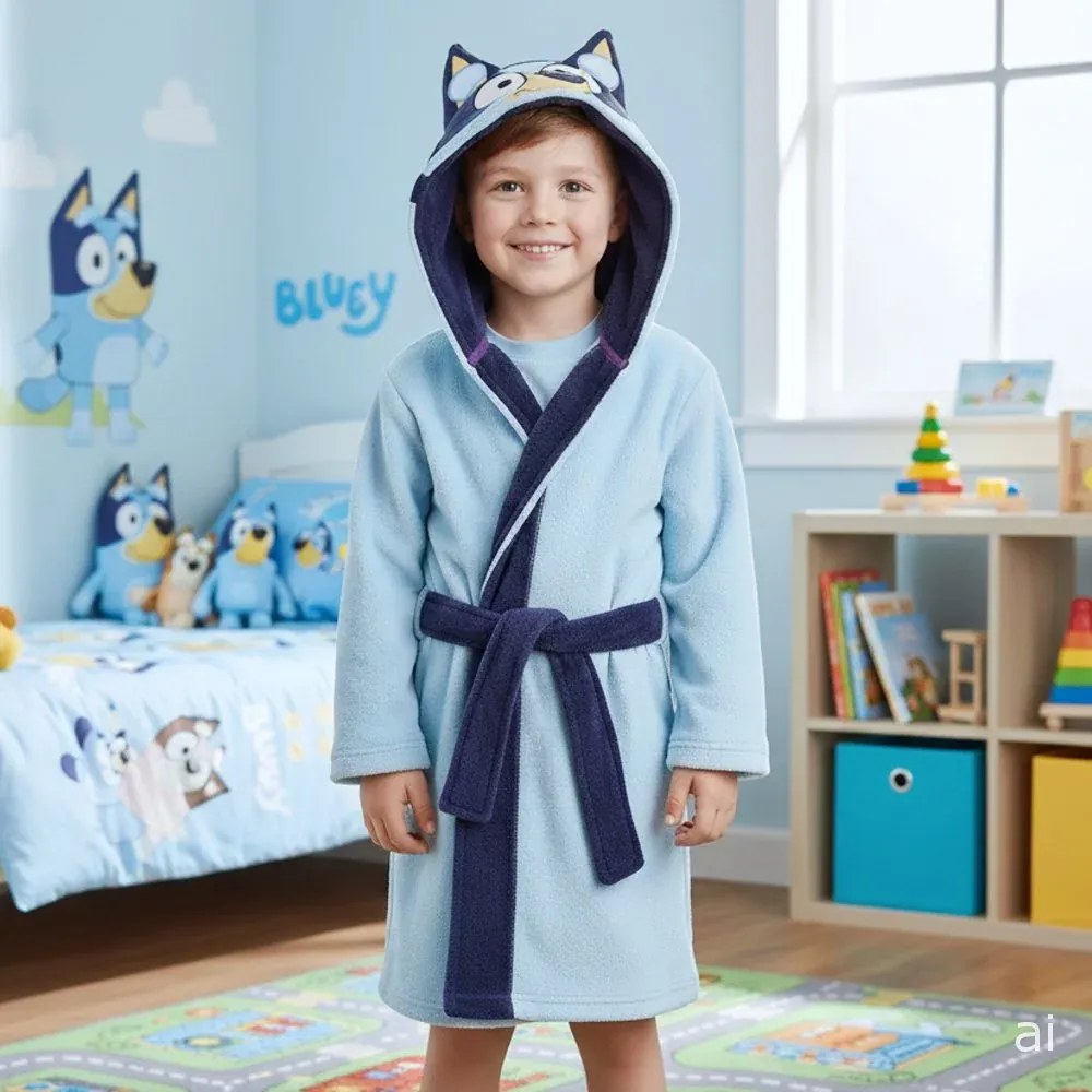 Dětský coral fleece župan Bluey s kapucí a oušky, EU 104