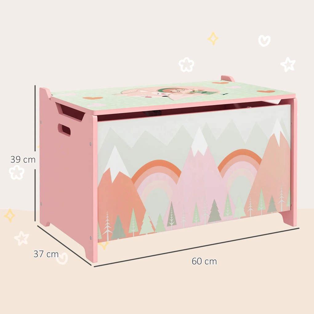 ZONEKIZ Úložný box s úložným prostorem, box na hračky s bezpečnostním závěsem víka, design roztomilých zvířátek, 60 x 37 x 39 cm, růžová barva