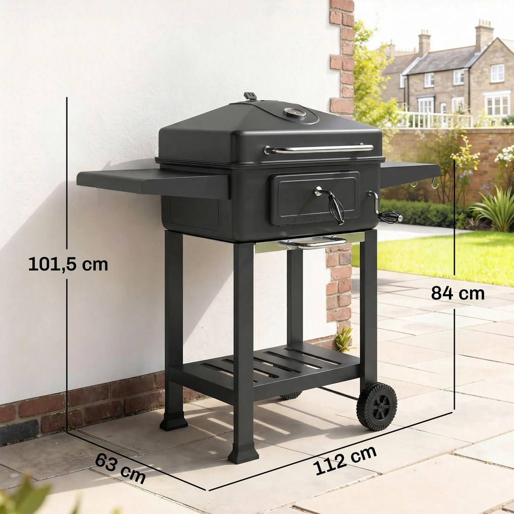 Outsunny Gril na dřevěné uhlí BBQ udírna s víkem Teploměr Výškově nastavitelná pánev na dřevěné uhlí Grilovací rošt Boční stolek Popelník