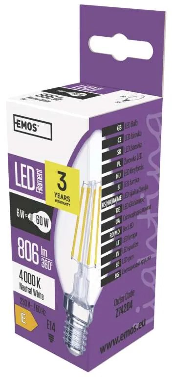Emos lighting LED žárovka Filament Candle 6W E14 neutrální bílá